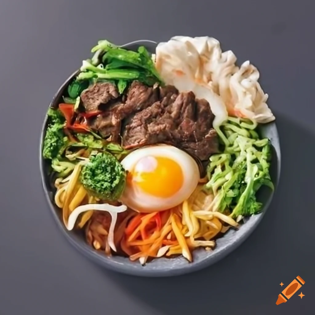 Colorful bibimbap bowl with sautéed beef, vegetables, and fried egg ...