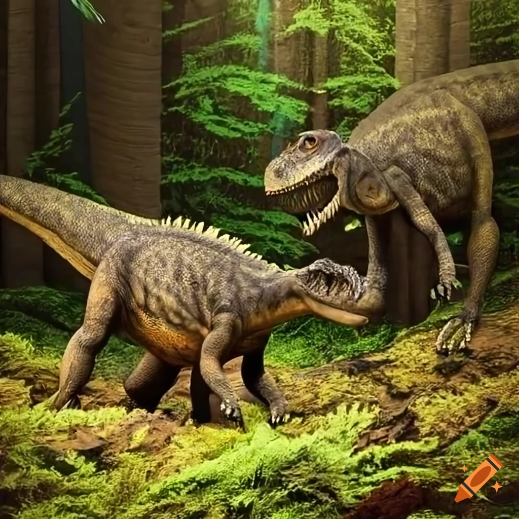 Iguanodon dinosaurs in a forest clearing with detailed skin texture and ...