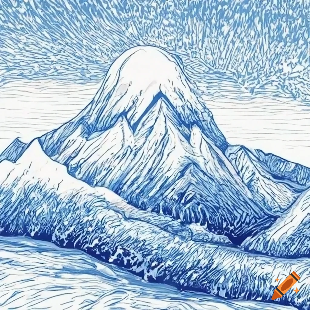 Pen drawing of a snowstorm in a notebook-style mountain landscape on ...