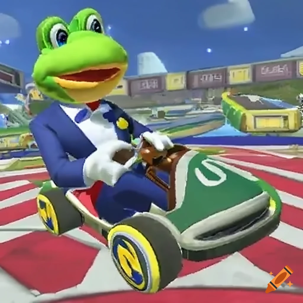 Anthropomorphic frog in tuxedo driving kart in mario kart 8 style on ...