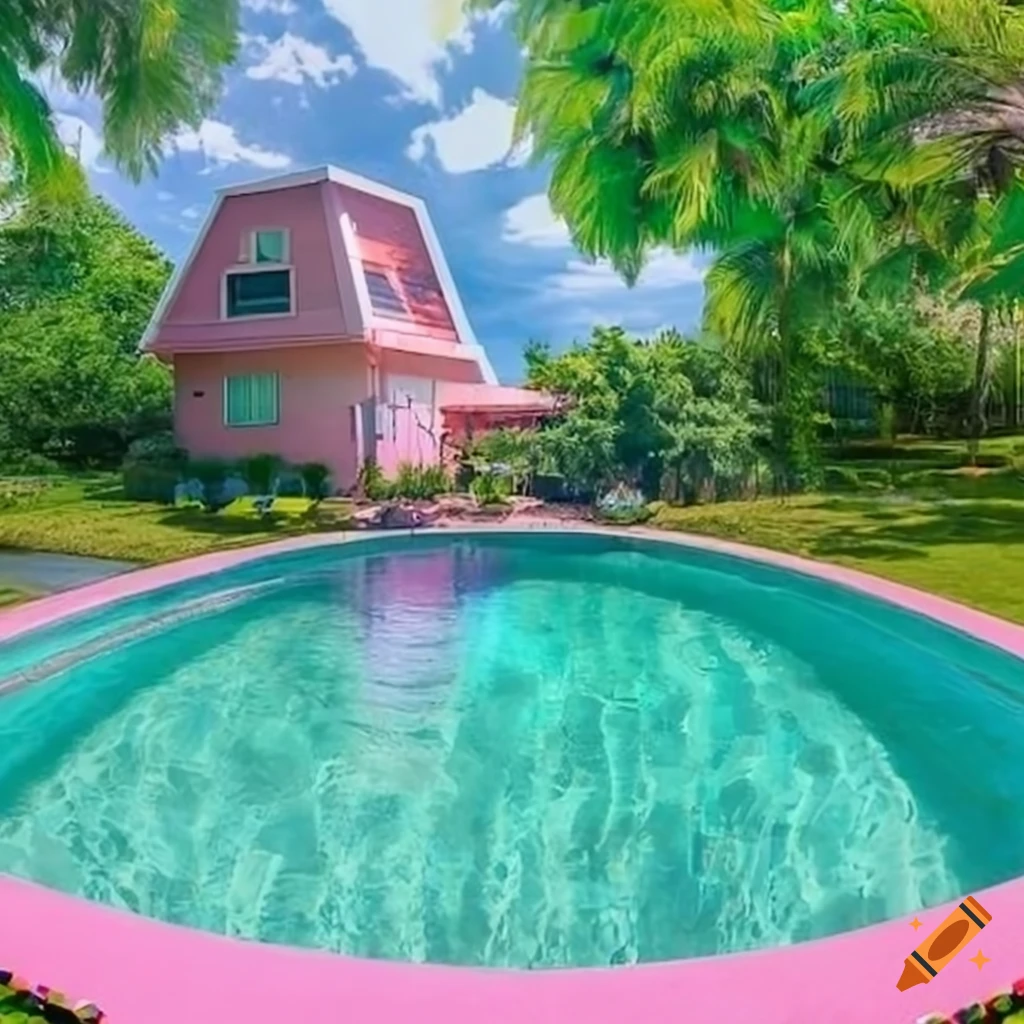 Corner view of a pastel-pink 90s tiled above ground pool with turquoise ...