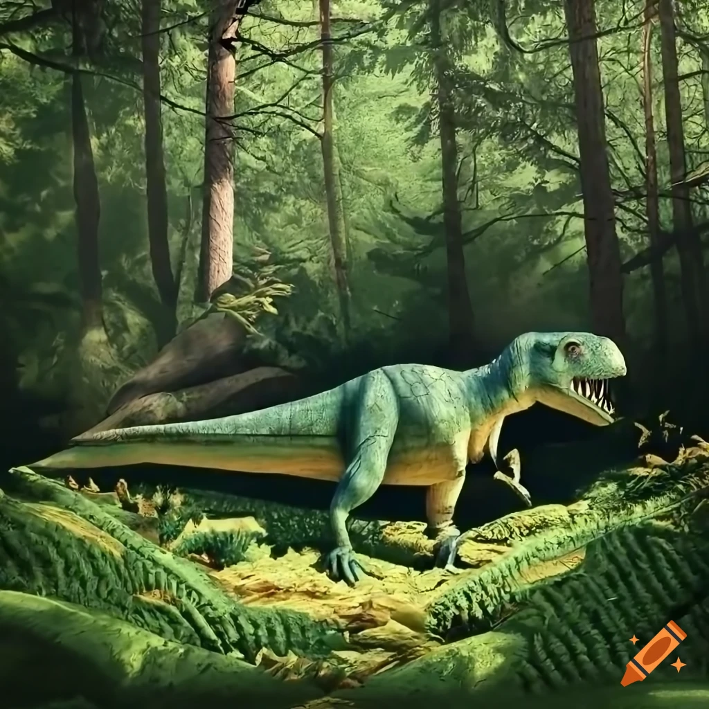 Iguanodon dinosaurs with intricate color patterns in a cedar forest ...