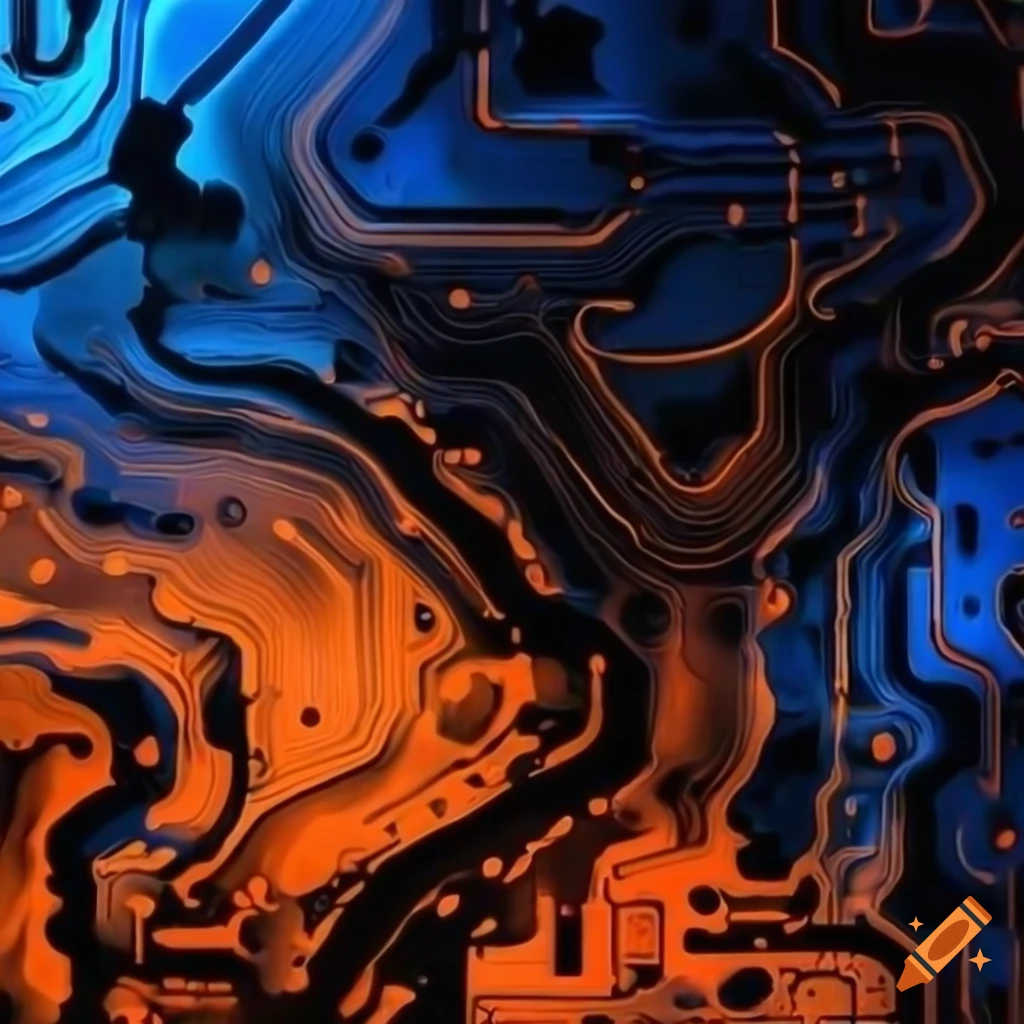 Abstract black and orange printed circuit boards in 4k resolution with ...