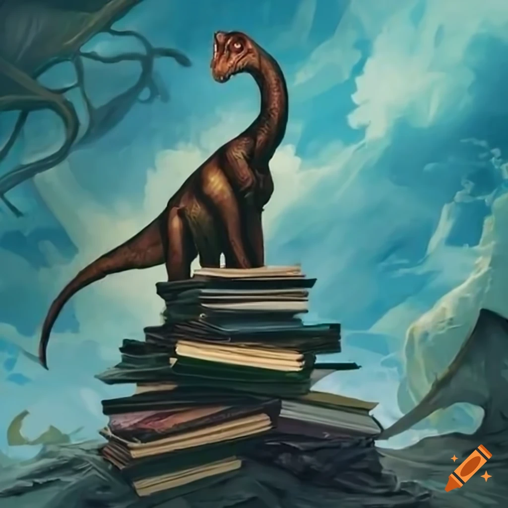 Brachiosaurus reading a book on a pile of Magic: The Gathering cards on ...