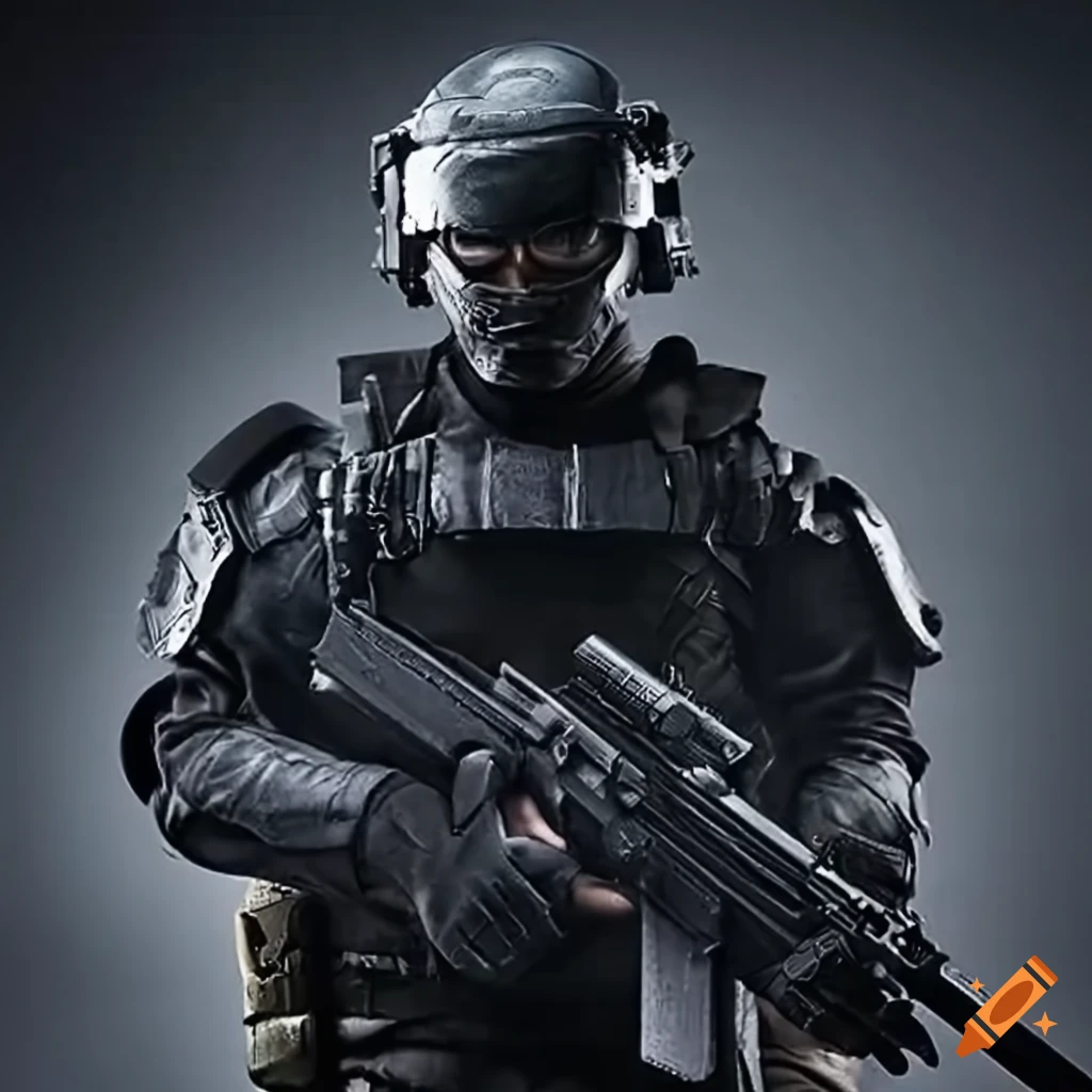 Elite tactical team in black stealth armor with advanced weaponry on ...