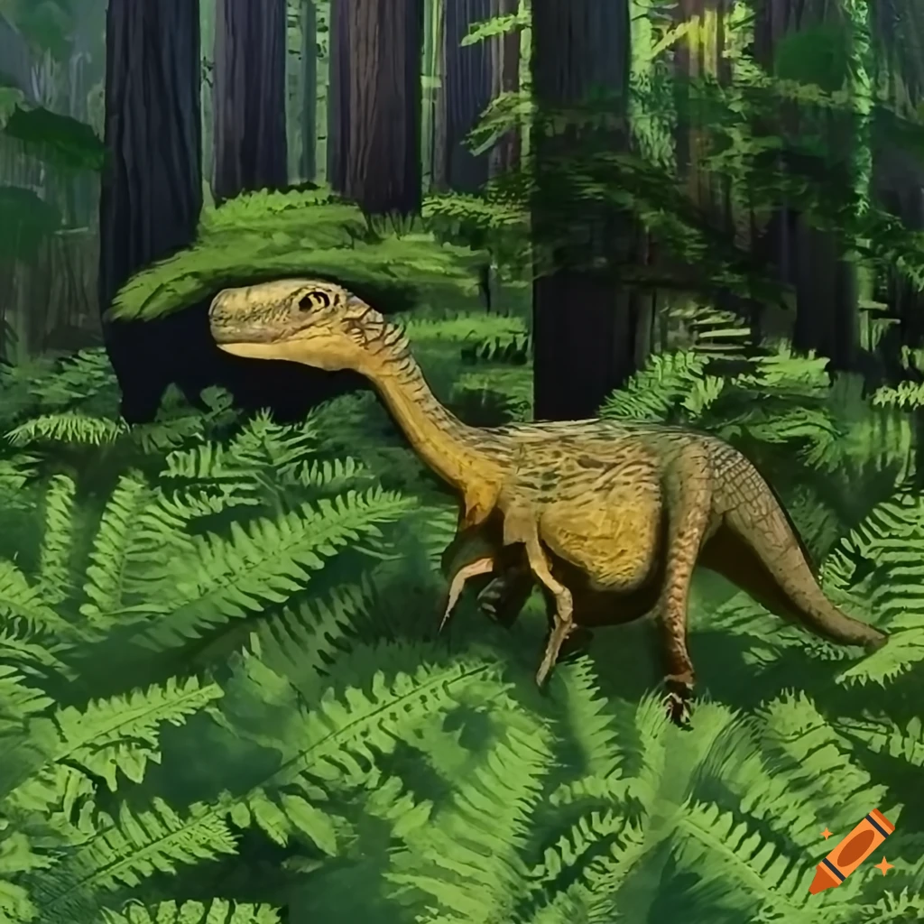 Iguanodon dinosaurs with goshawk color pattern in a redwood forest on ...