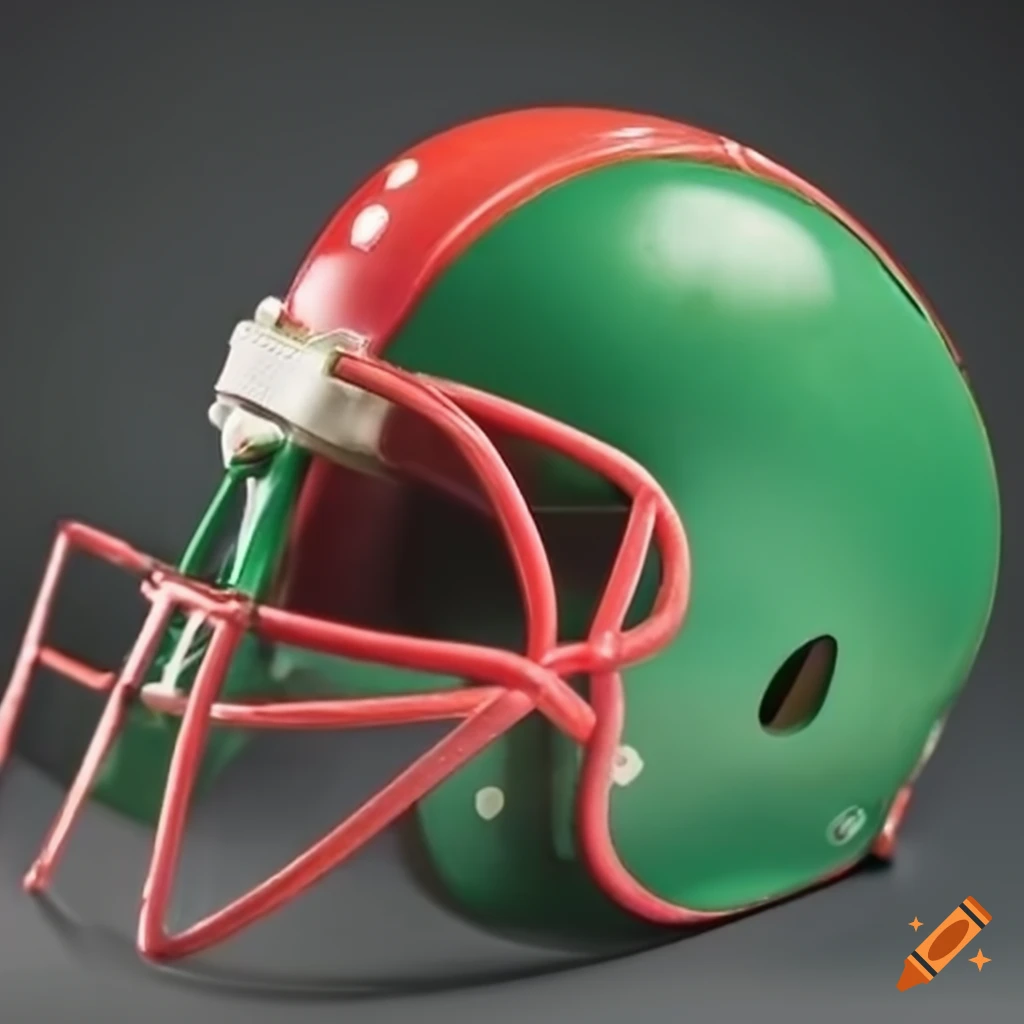 Green football helmet with red facemask and dice design on Craiyon