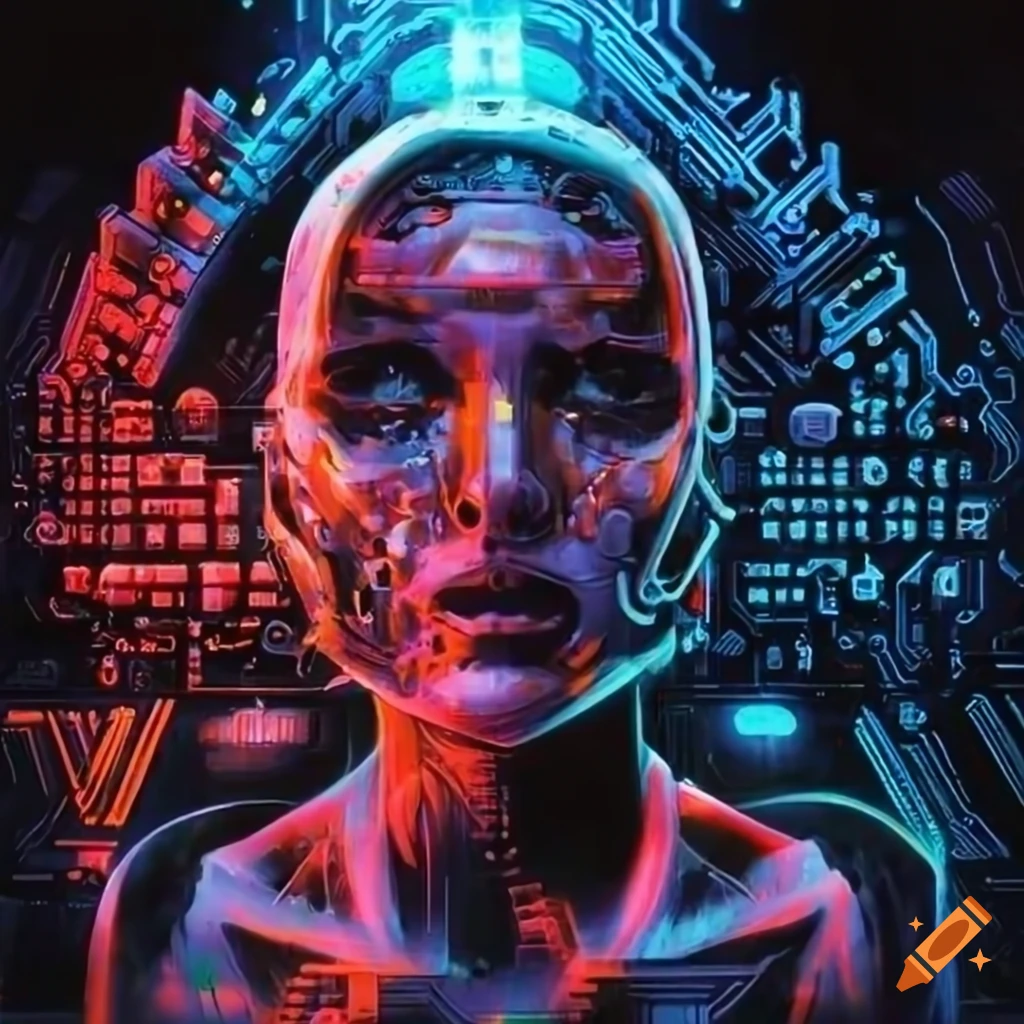 Organic machine art with brain circuit board in 70s sci-fi style on Craiyon