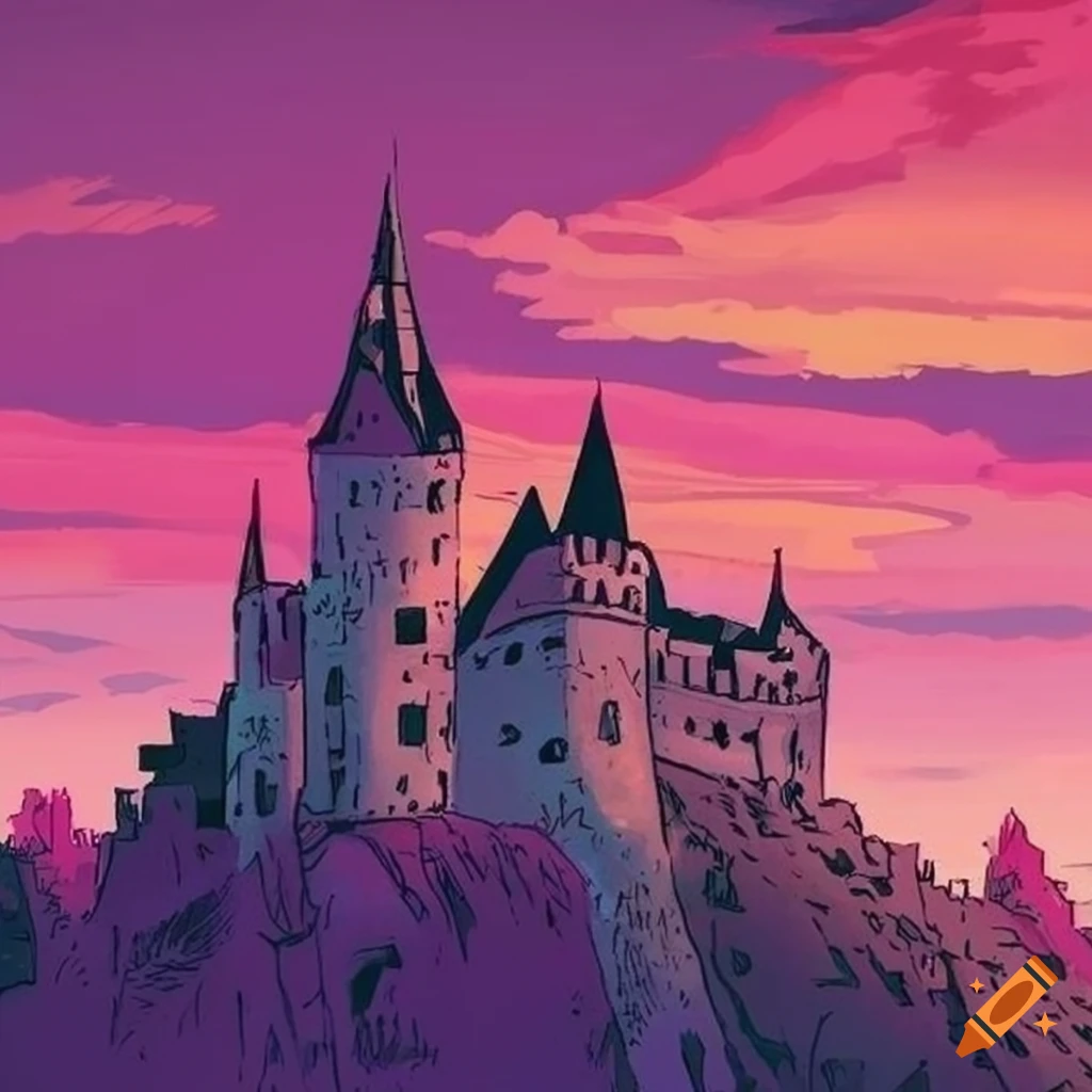 Eastern European castle at sunset in Bryan Lee O'Malley's comic style ...