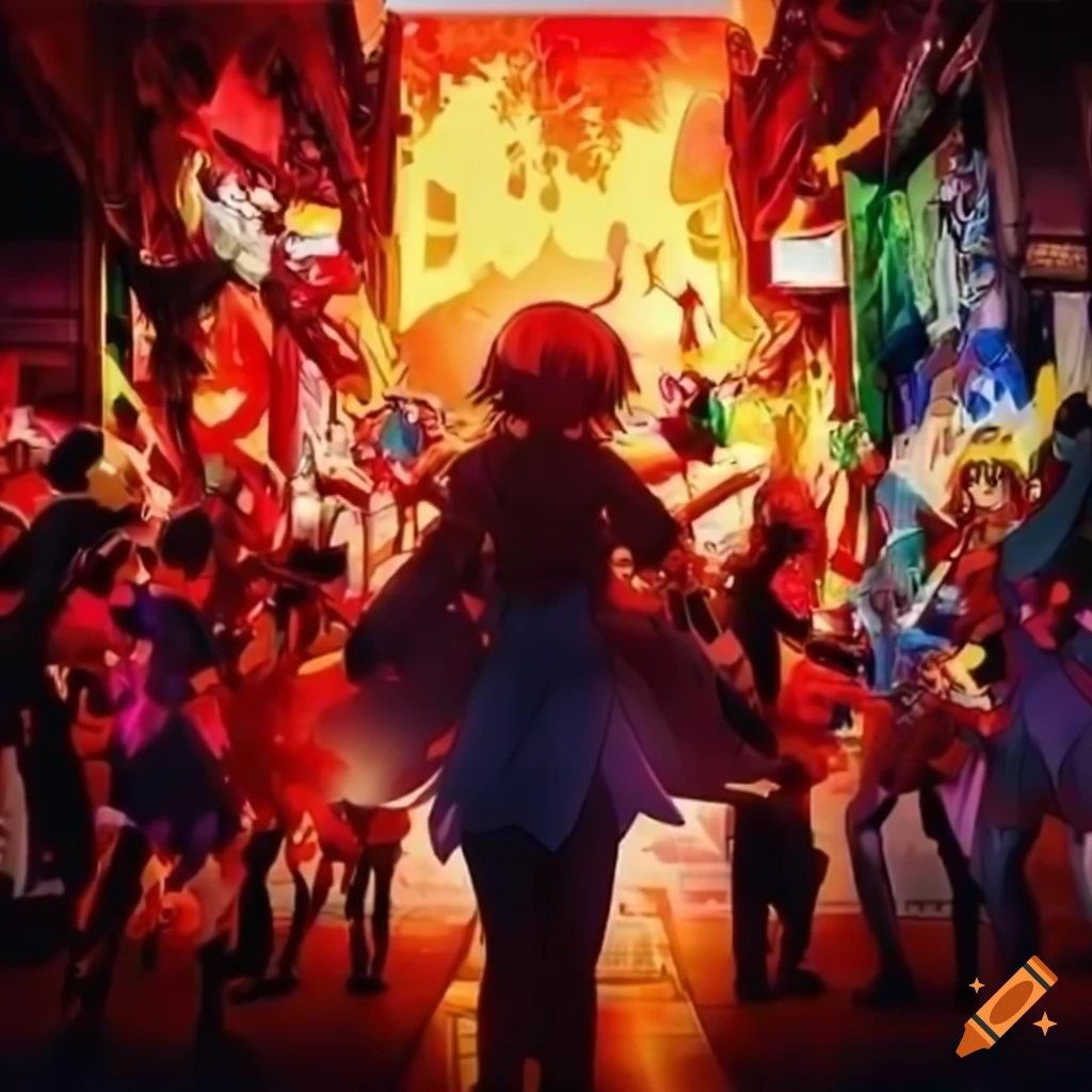 Scenes from a vibrant anime convention with colorful characters on Craiyon