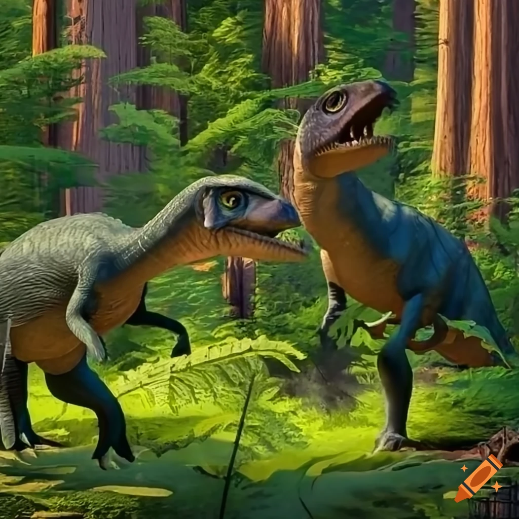 Iguanodon dinosaurs with goshawk color pattern in a redwood forest ...