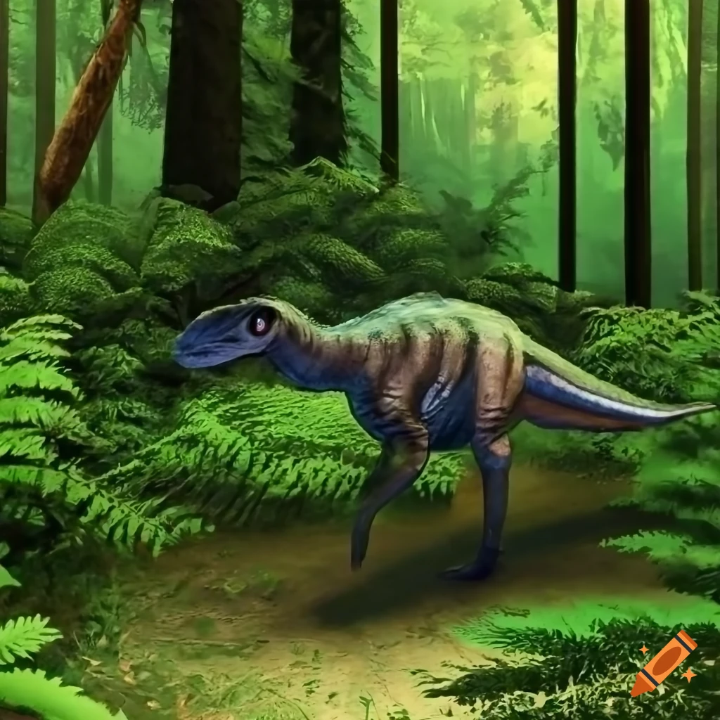 Iguanodon dinosaurs with goshawk color pattern in a redwood forest ...