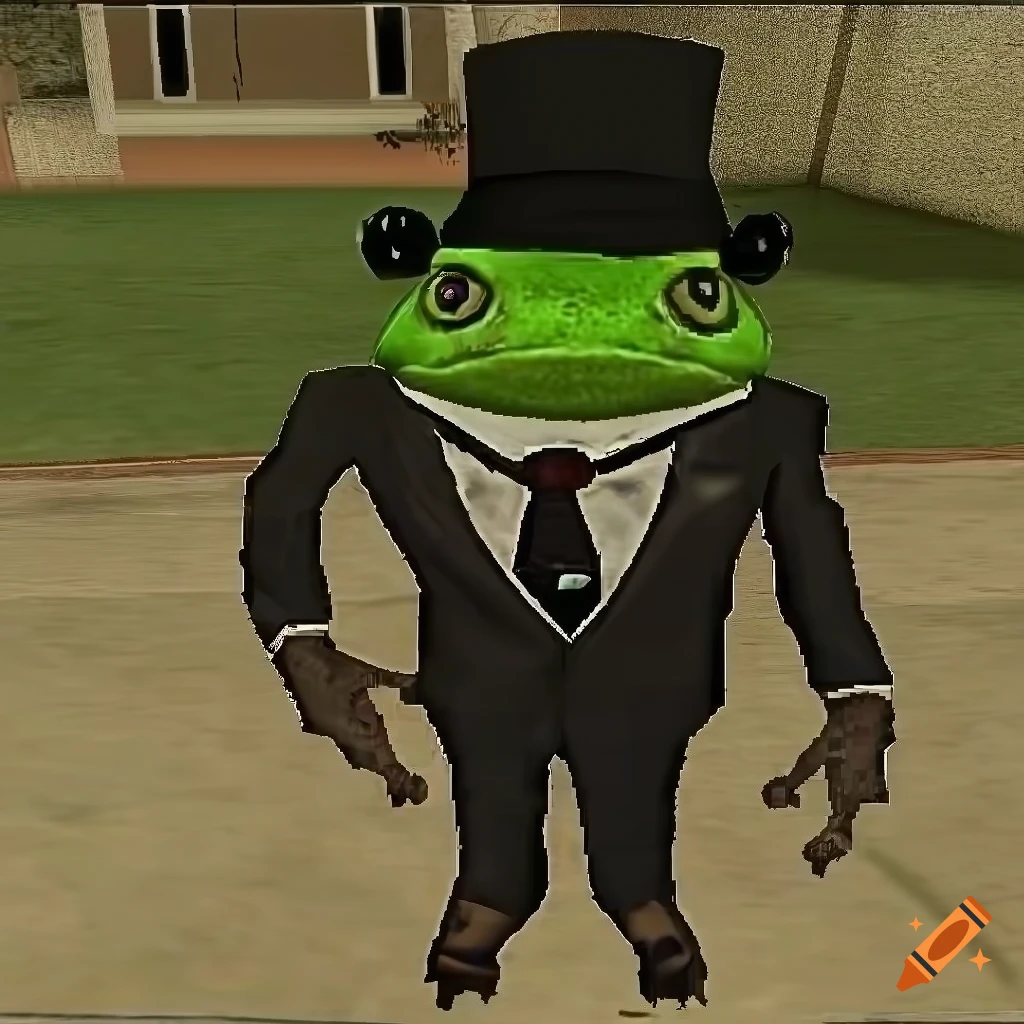 Frog in tuxedo and hat in gta san andreas style graphics on Craiyon
