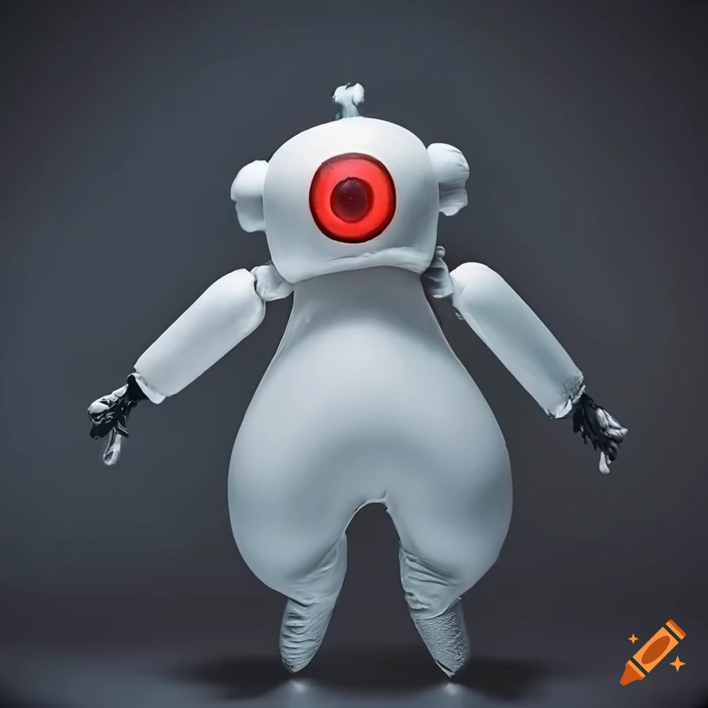 Cute white inflatable latex robot with red eye and black gloves in a ...