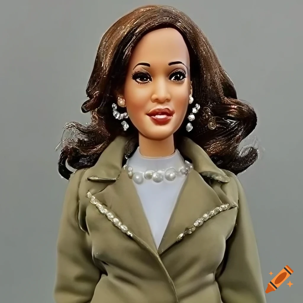 President kamala harris doll in khaki jacket and pearl necklace on Craiyon