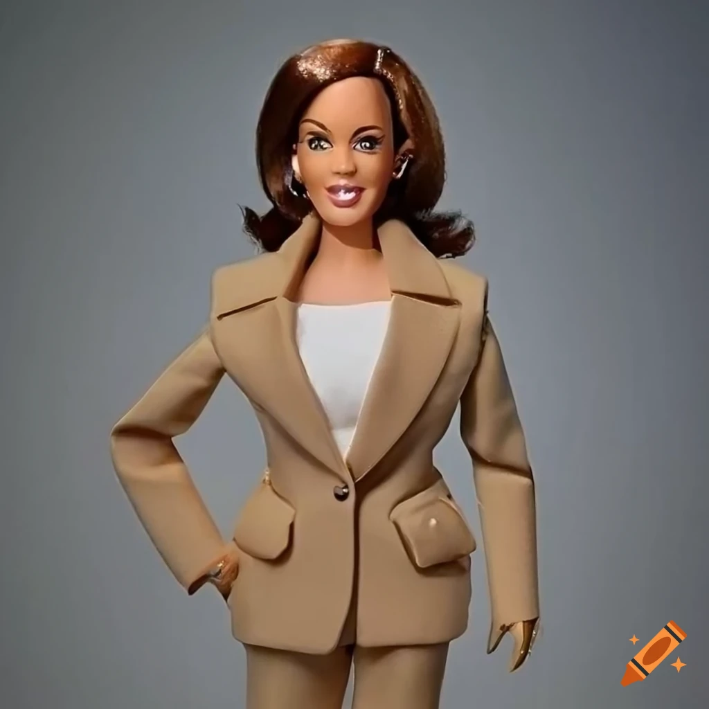 President kamala harris doll in tan jacket and pearl necklace on Craiyon