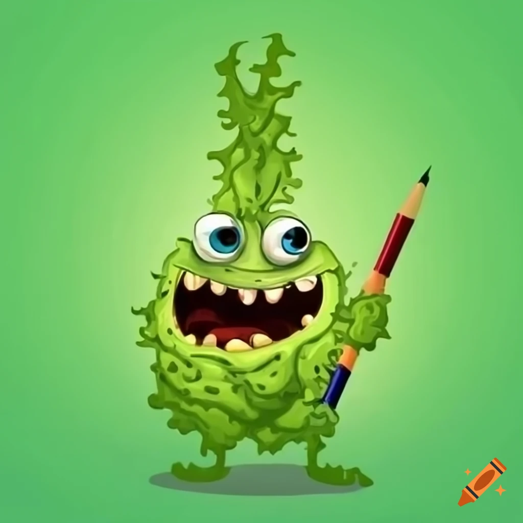 Cartoon green algae monster smiling and writing with a pencil on Craiyon