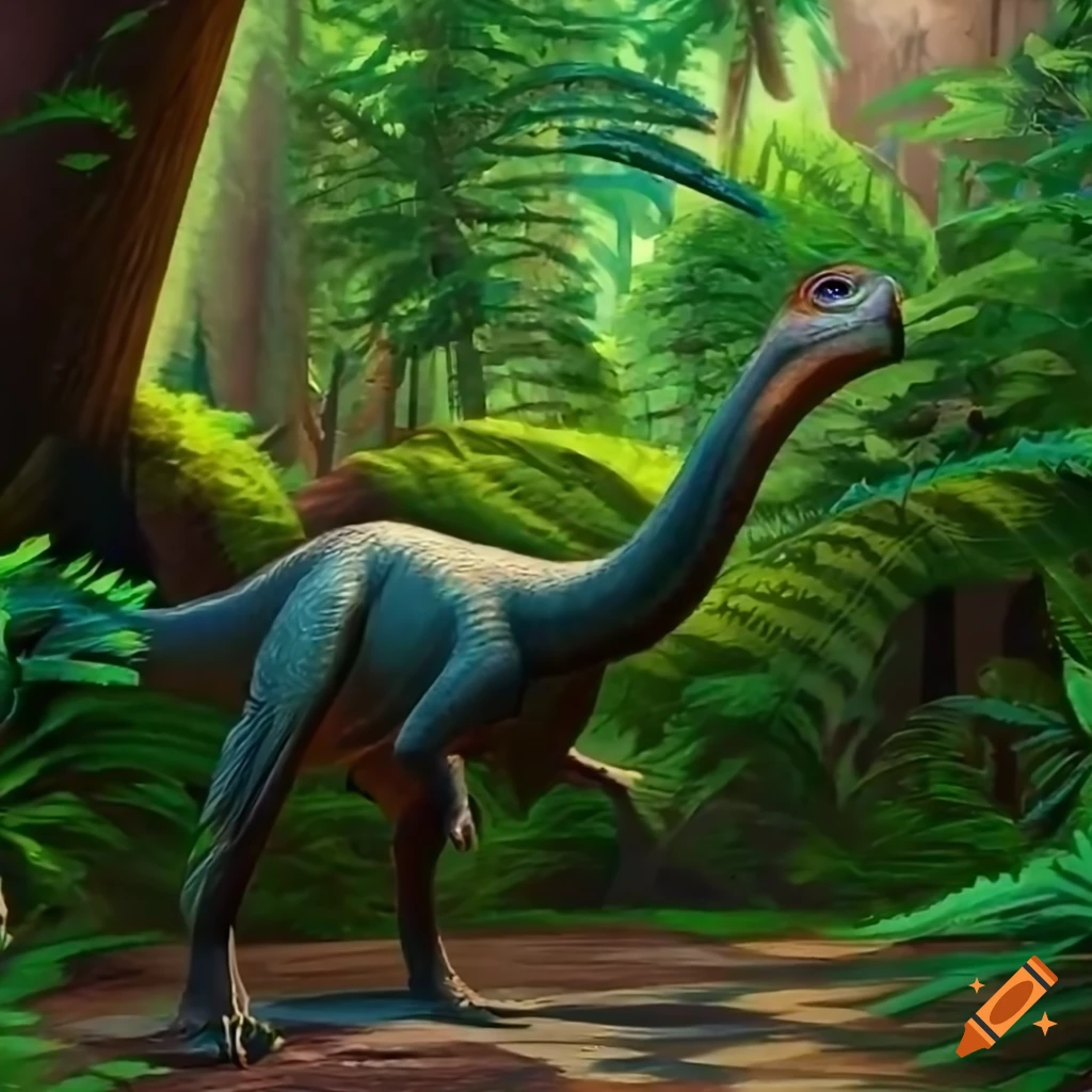 Iguanodon dinosaurs with goshawk color pattern in a redwood forest on ...