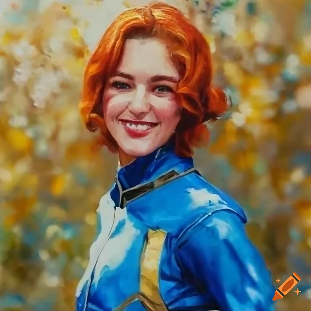 Portrait of cute smiling 1980s retro actress in blue vault-suit in a ...