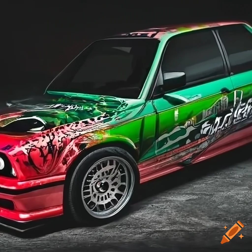 Customized bmw e30 car with intricate mountain dew graphics on Craiyon