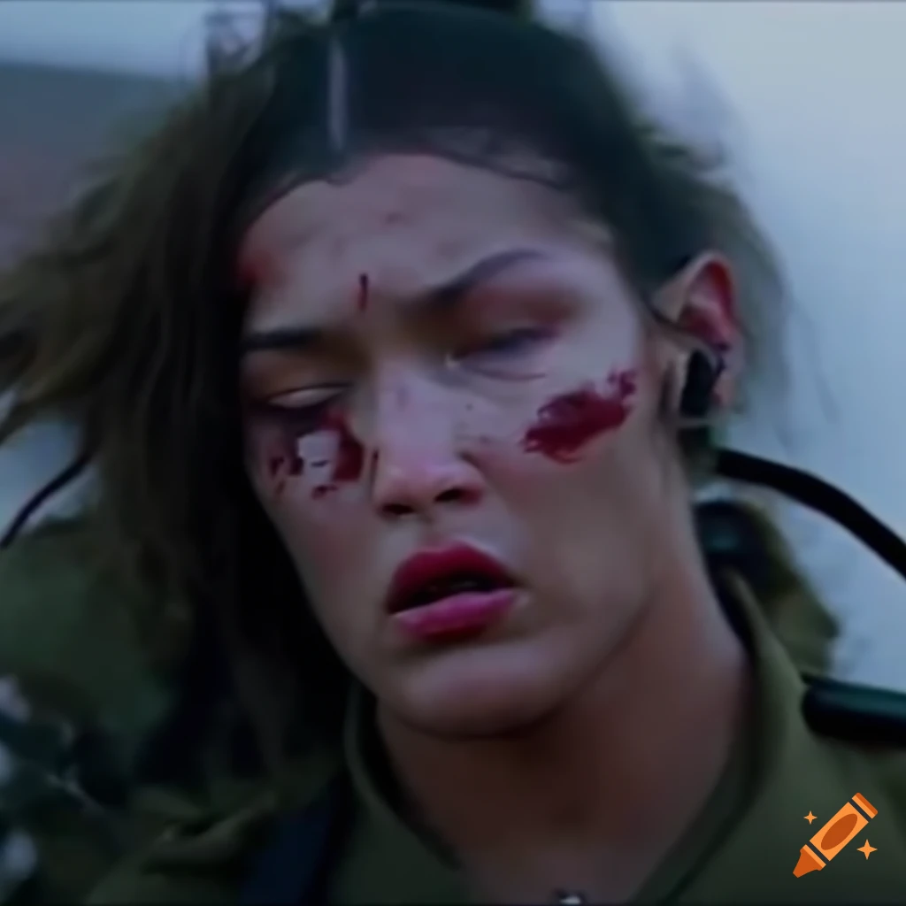 Expressive closeup of a sweat-drenched, bruised and bloodied female ...