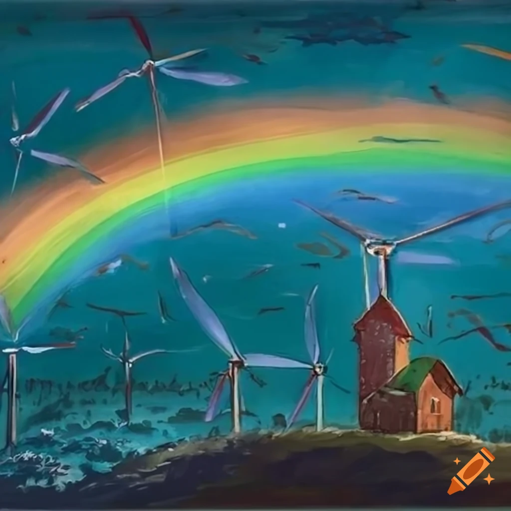 Landscape harmonizing nature and clean energy with wind turbines, solar ...