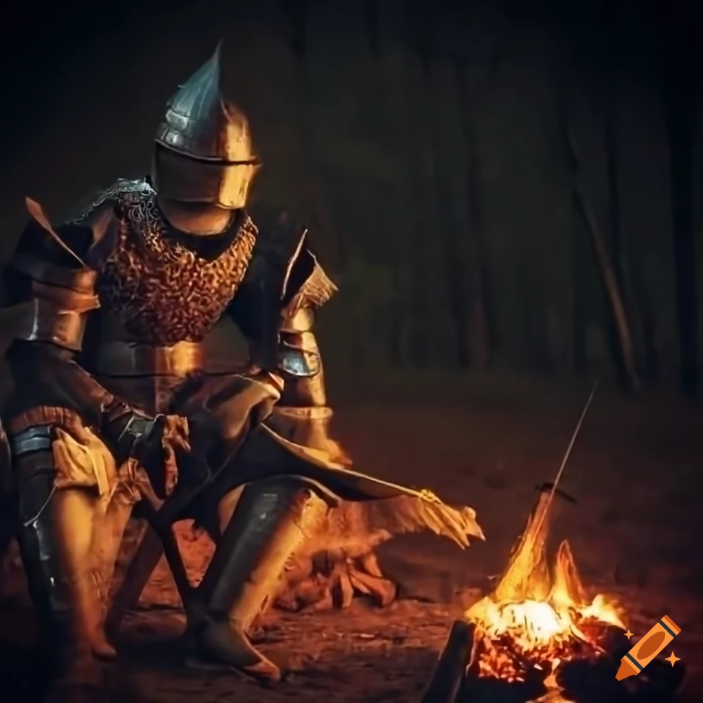 Wounded knight with zweihander and cup of wine by campfire in forest at ...