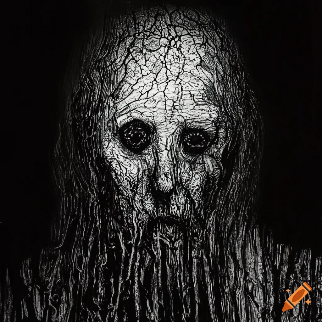 Intricate black, red, and white ink drawing of a tormented ghost ...
