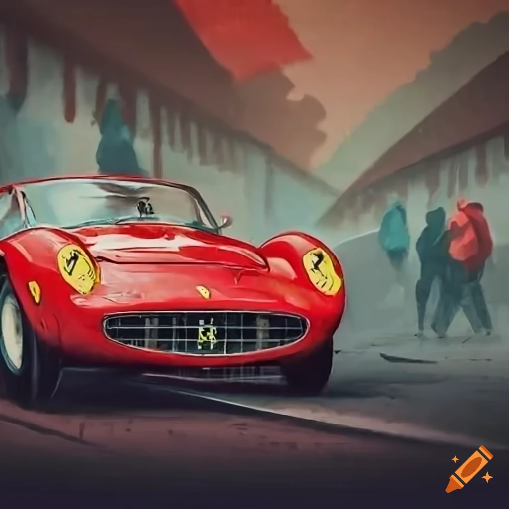 Oldtimer Ferrari drifting on a racetrack in the rain with spectators ...