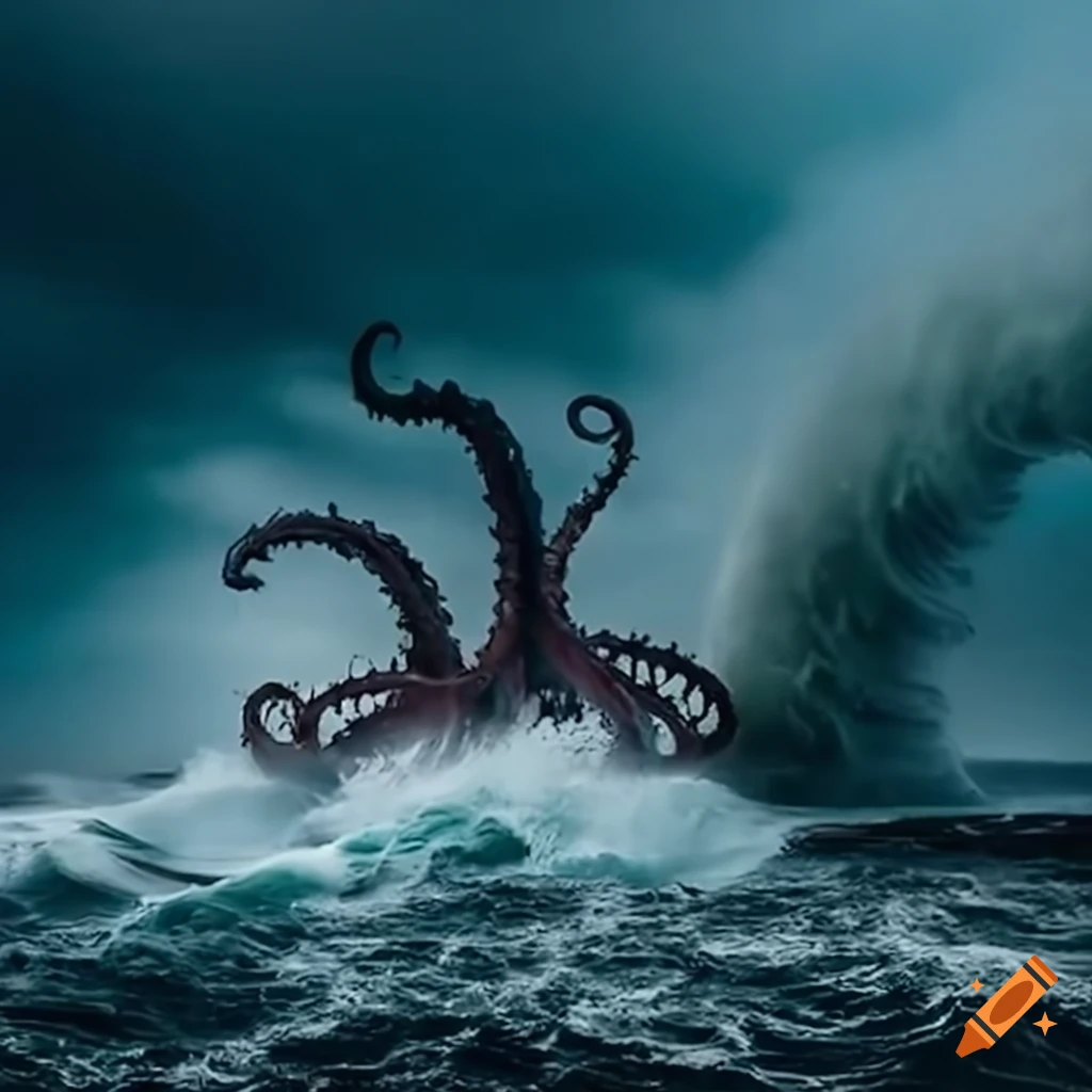 Colossal kraken emerging from raging waves, destroying ships on Craiyon