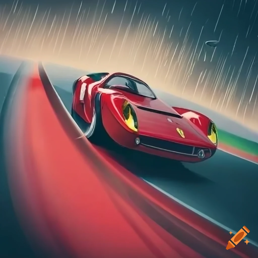 Ferrari oldtimer race car drifting on a rainy racetrack with spectators, ultra wide angle view ...