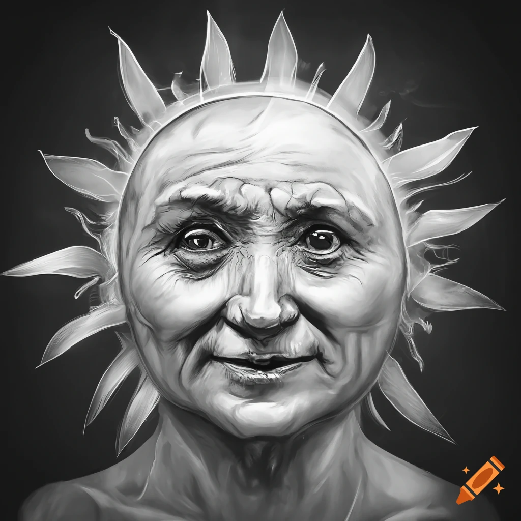 Menacing smiling sun with rays in a high-contrast scratchboard style on ...