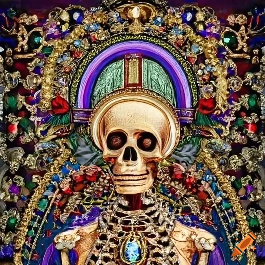 Bejewelled skeleton of Saint Valentinus in prayer adorned with ...