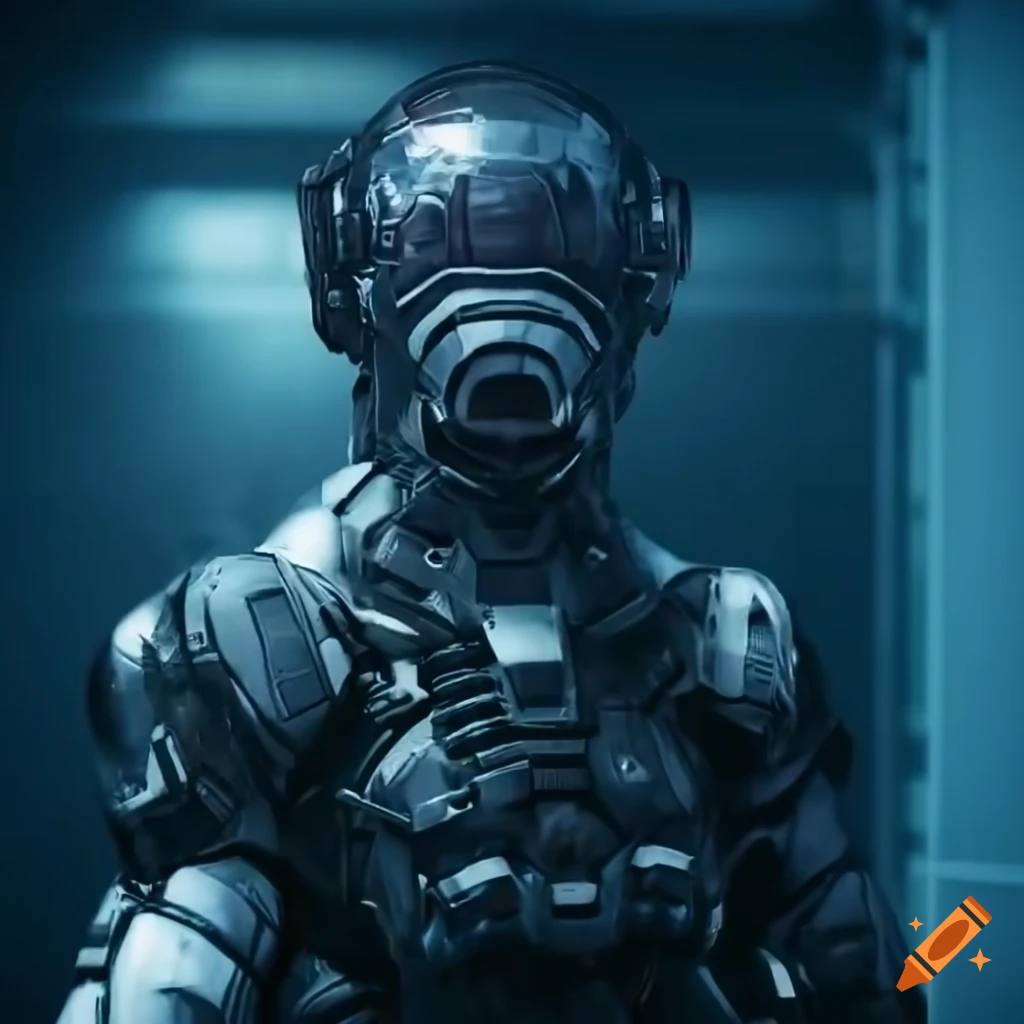 Man in high tech sci-fi suit in a laboratory with epic ambiance on Craiyon