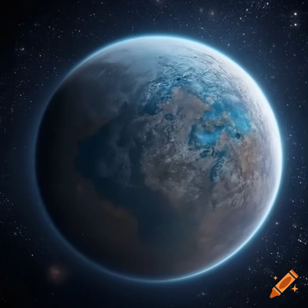 Snowy planet viewed from space in far orbit on Craiyon