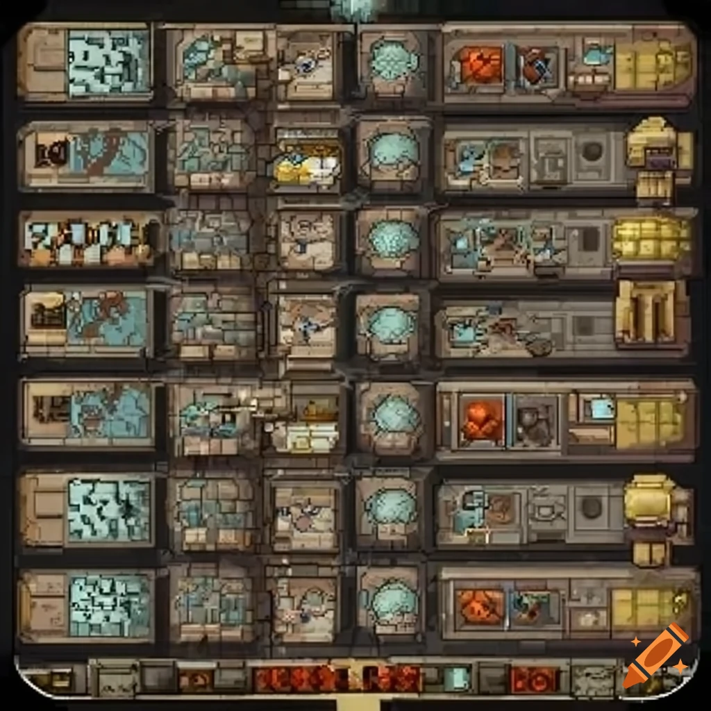 Symmetrical steampunk spaceship sprites with reactor for games on Craiyon