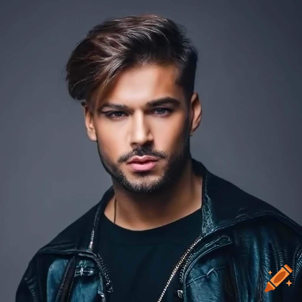 Male pop singer with modern fashion and hairstyle in dramatic lighting ...