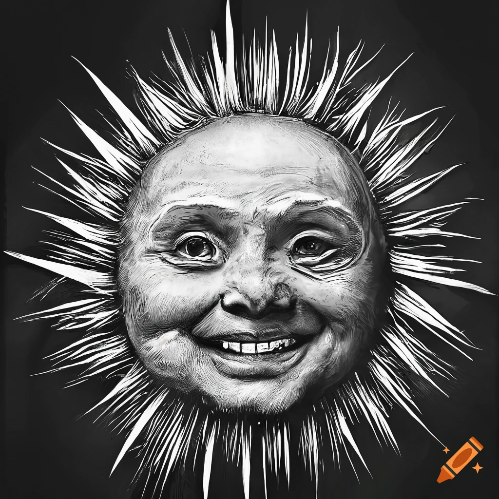 Menacing smiling sun with rays in a high-contrast scratchboard style on ...