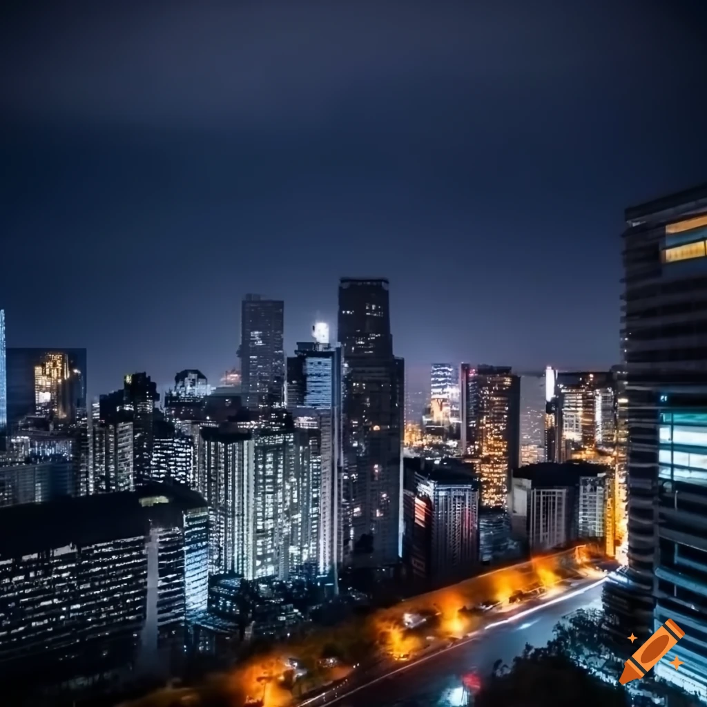 Night cityscape with a normal amount of buildings in the distance on ...