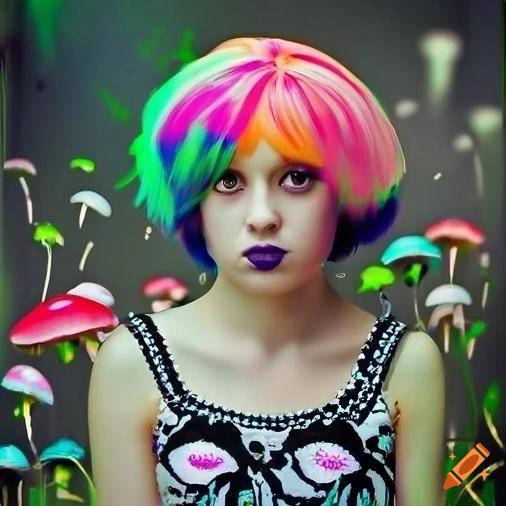 Crazy girl with pink hair in a Wonderland-style setting with flowers ...