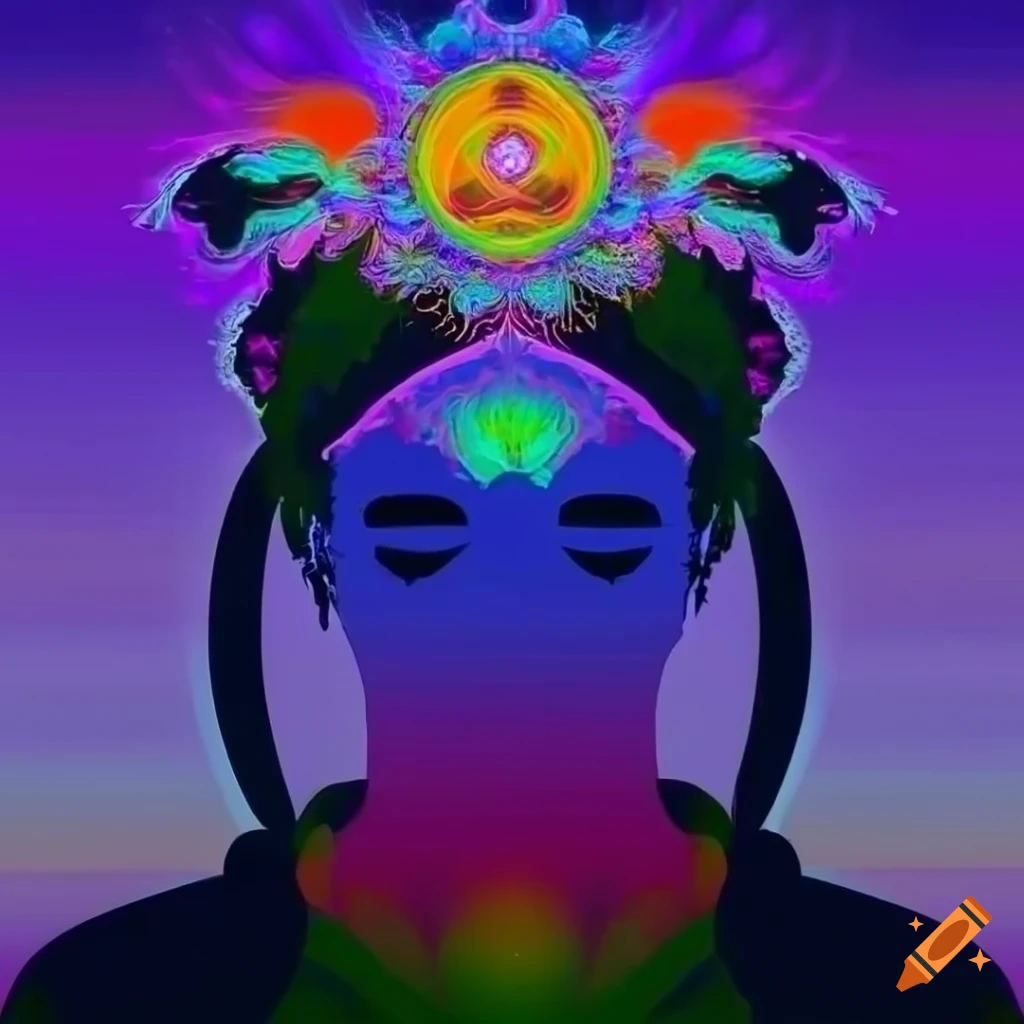 Silhouette of a person in esoteric psychedelic style with vibrant ...