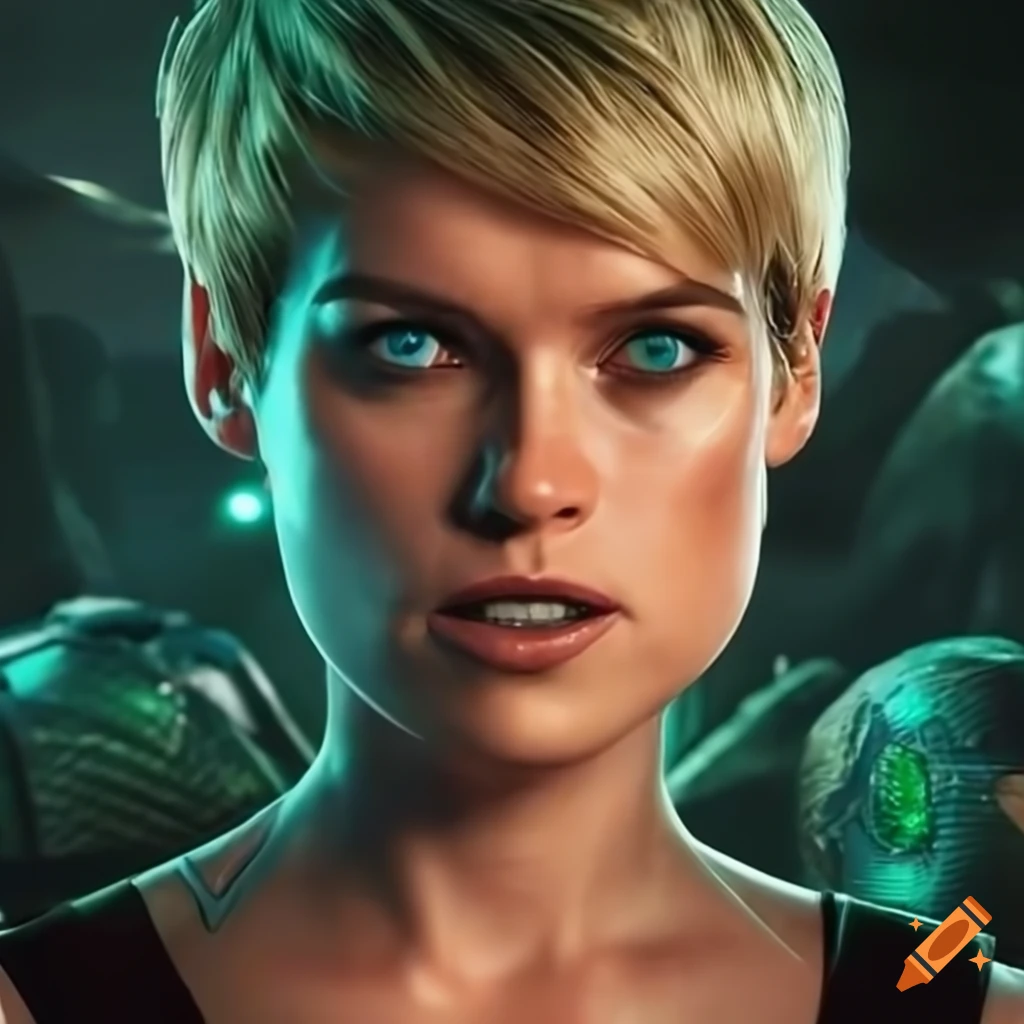 Blonde pixie-cut young woman as a futuristic timelord flying through ...