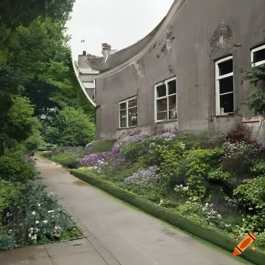 Gray concrete paths divided by triangular garden with bushes and roses ...