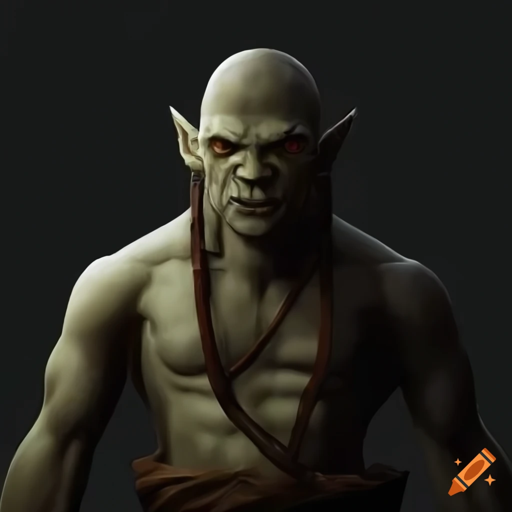 Tall half-orc monk in Buddhist robes practicing martial arts on Craiyon
