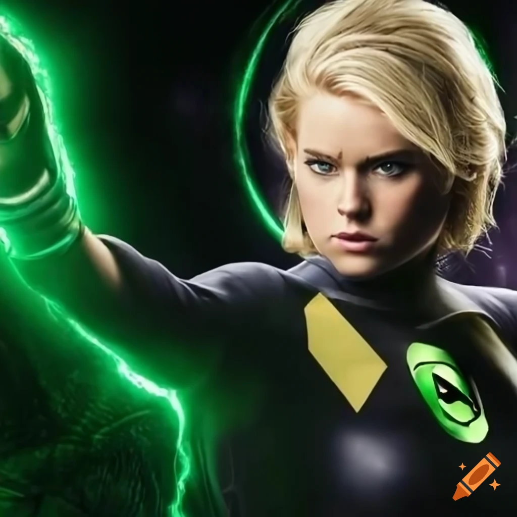 Young woman with short blonde hair portraying a timelord superhero ...