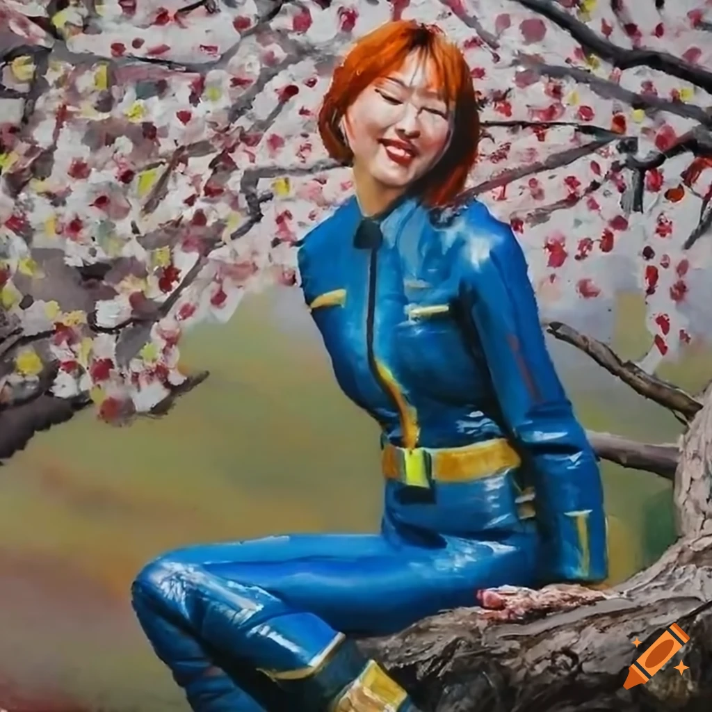 Fallout 4 character in blue vault-suit sleeping under a blooming cherry ...