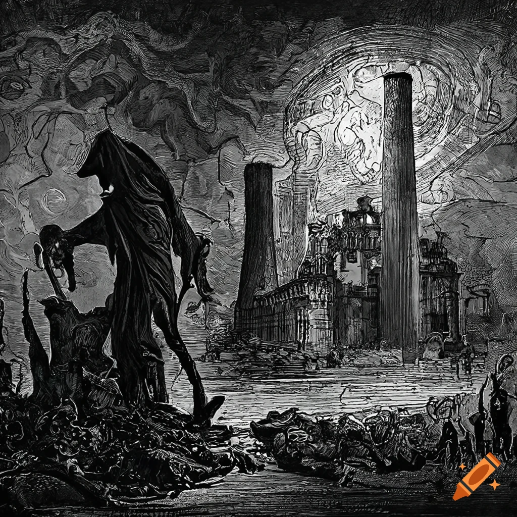 Surreal white ink art with gas-masked figures and industrial ...