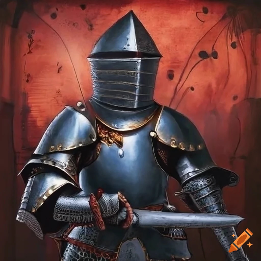 Medieval manuscript of armored knight with glowing red eyes and glock ...