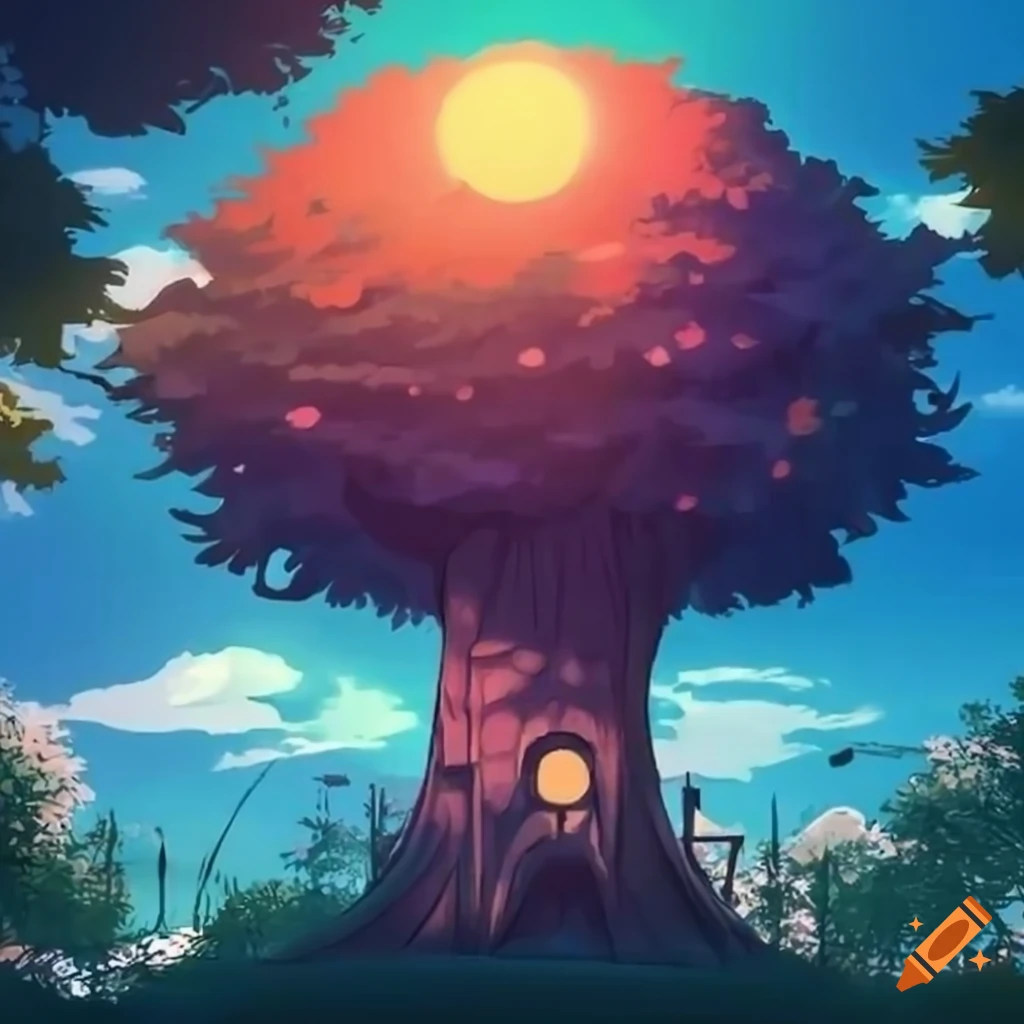 Anime tree house in a tree with green leaves under a red sun and blue ...