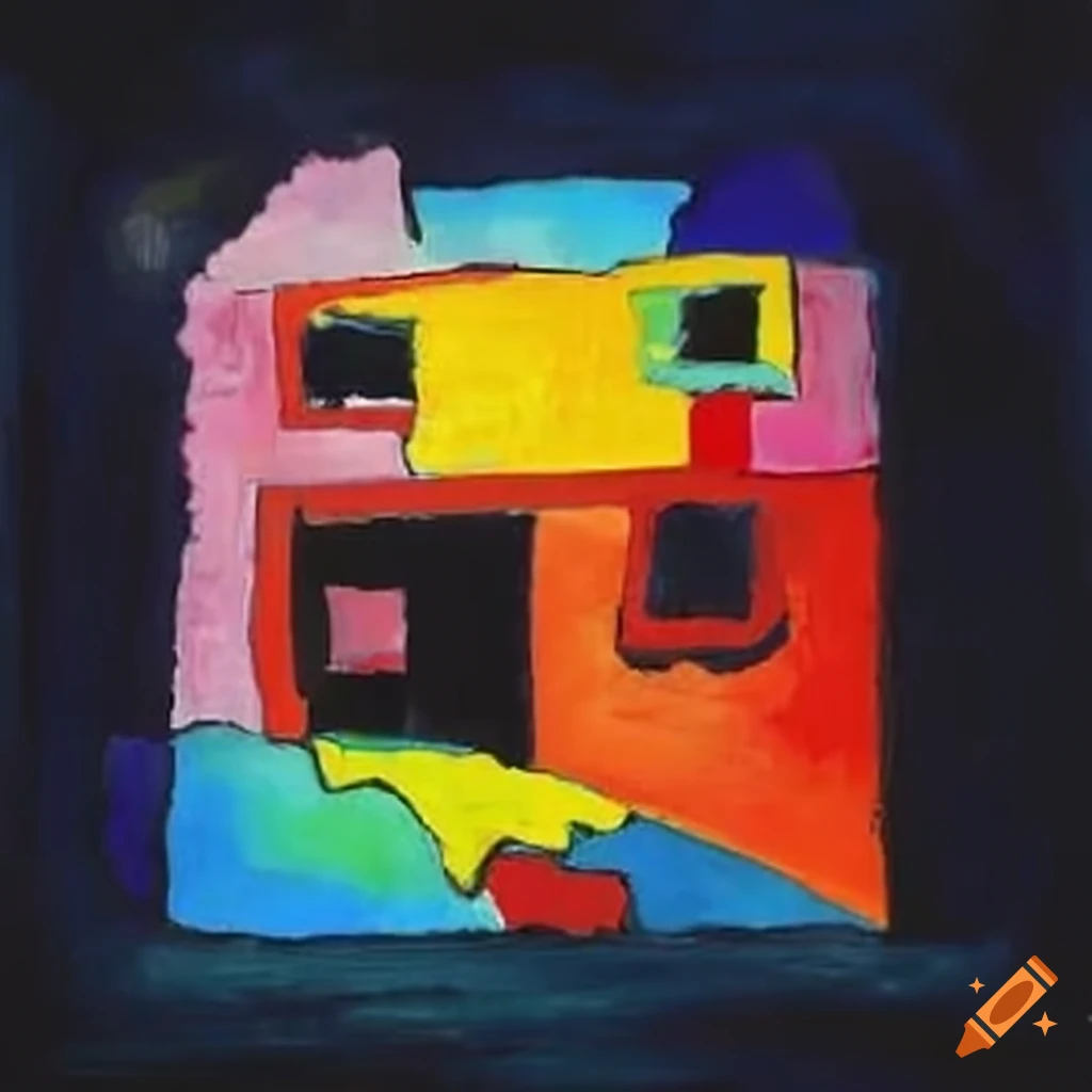 Colorful abstract painting of a house by Kandinsky and Karel Appel on Craiyon
